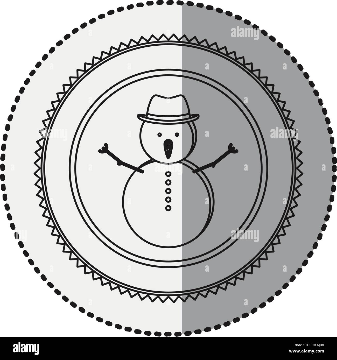 monochrome circle with middle shadow sticker with snowman with hat ...