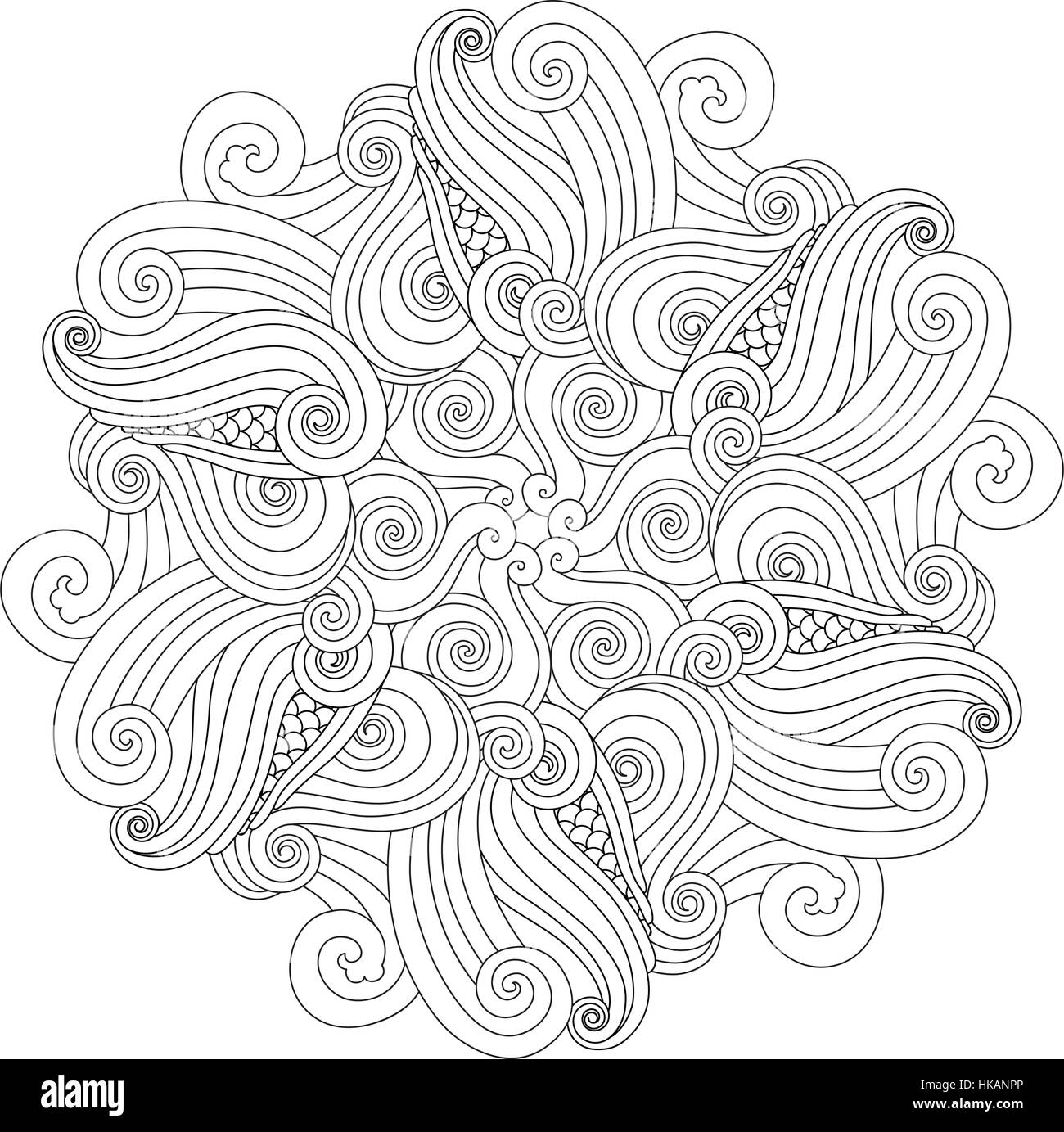 Fantasy Graphic Mandala with waves and curles. Zentangle inspired style ...