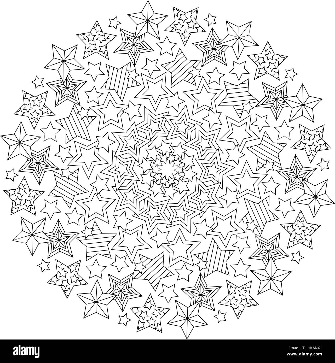 Graphic Mandala with outline stars. Zentangle inspired style Stock ...
