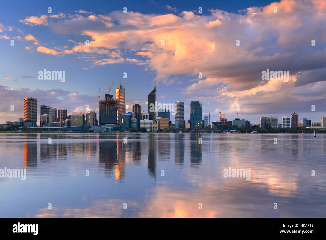 The skyline of Perth, Western Australia at sunset. Photographed from ...