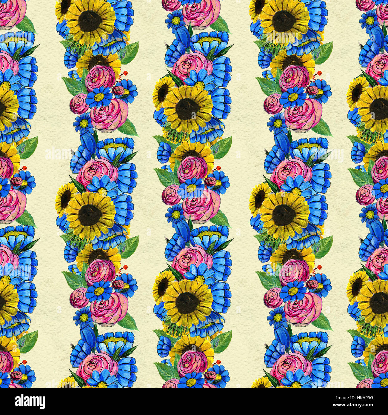 Seamless pattern with blue yellow and pink flowers Stock Photo - Alamy