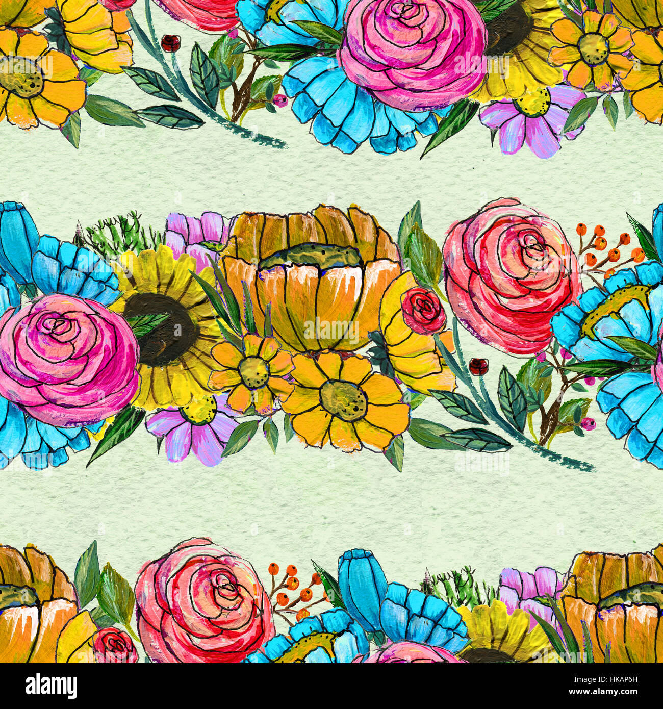 Seamless pattern with blue yellow and pink flowers Stock Photo - Alamy