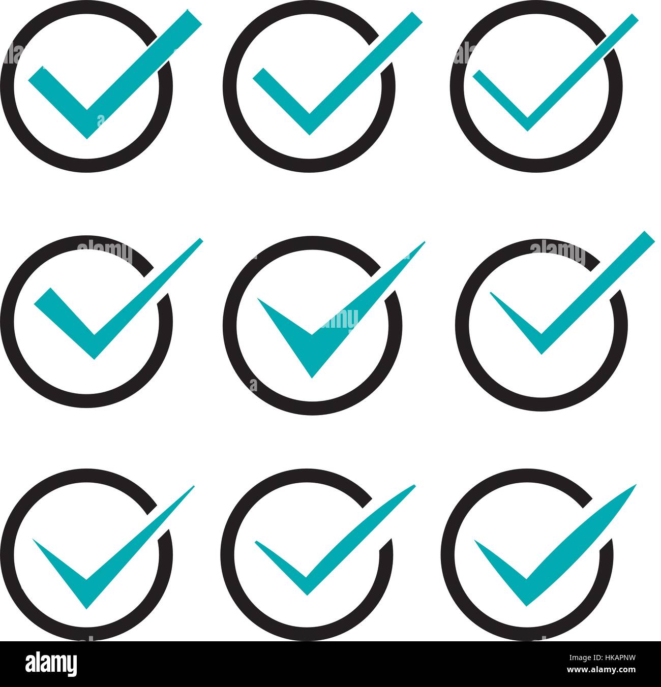 Set of nine different vector check marks or ticks in circles conceptual ...