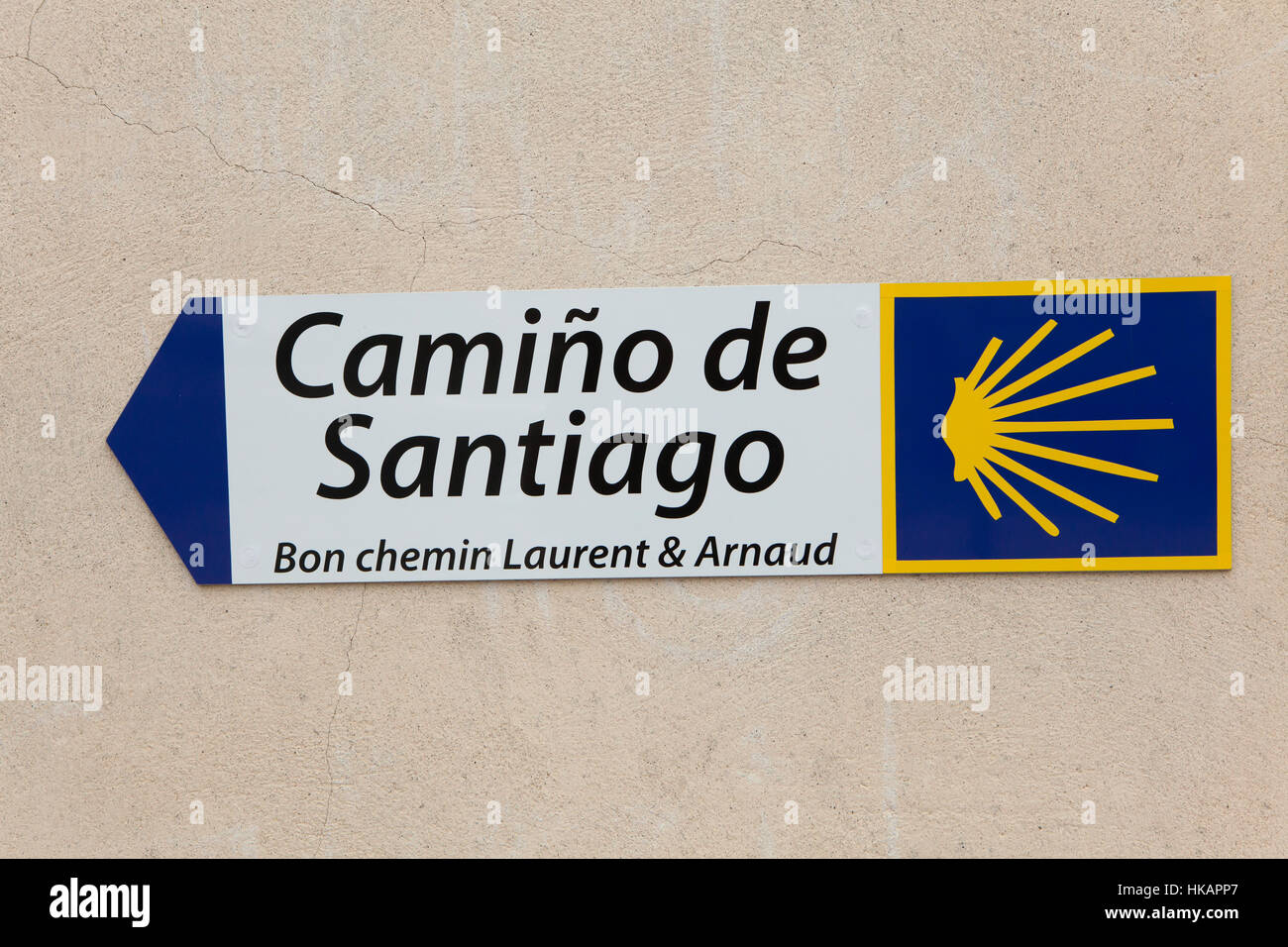 Modern direction sign of the Camino de Santiago (Way of Saint James) in ...