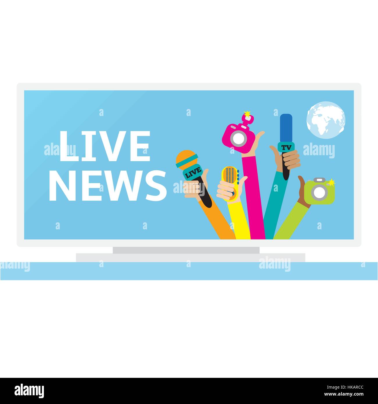 Live report concept, live news - set of hands holding microphones and ...