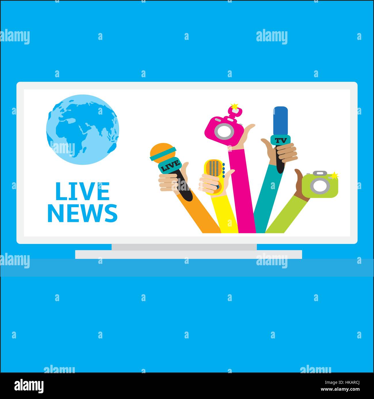 Live report concept, live news - set of hands holding microphones and ...