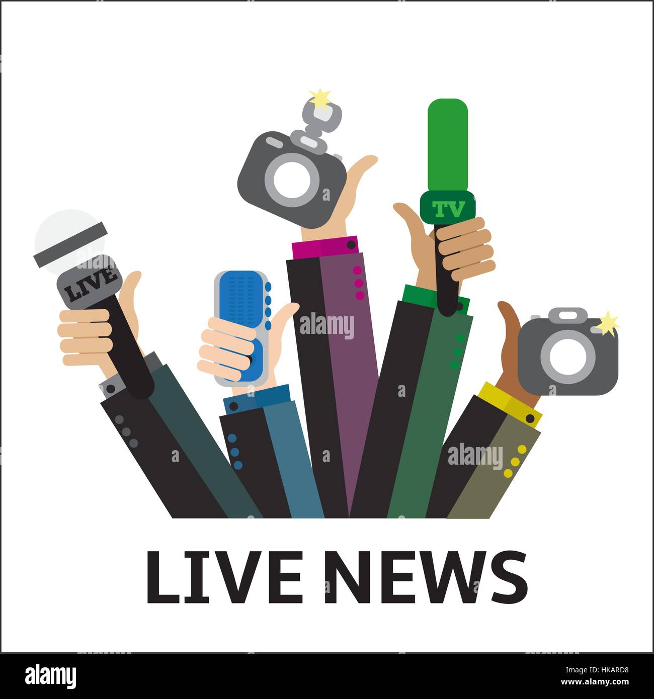 Live report concept, live news - set of hands holding microphones and ...