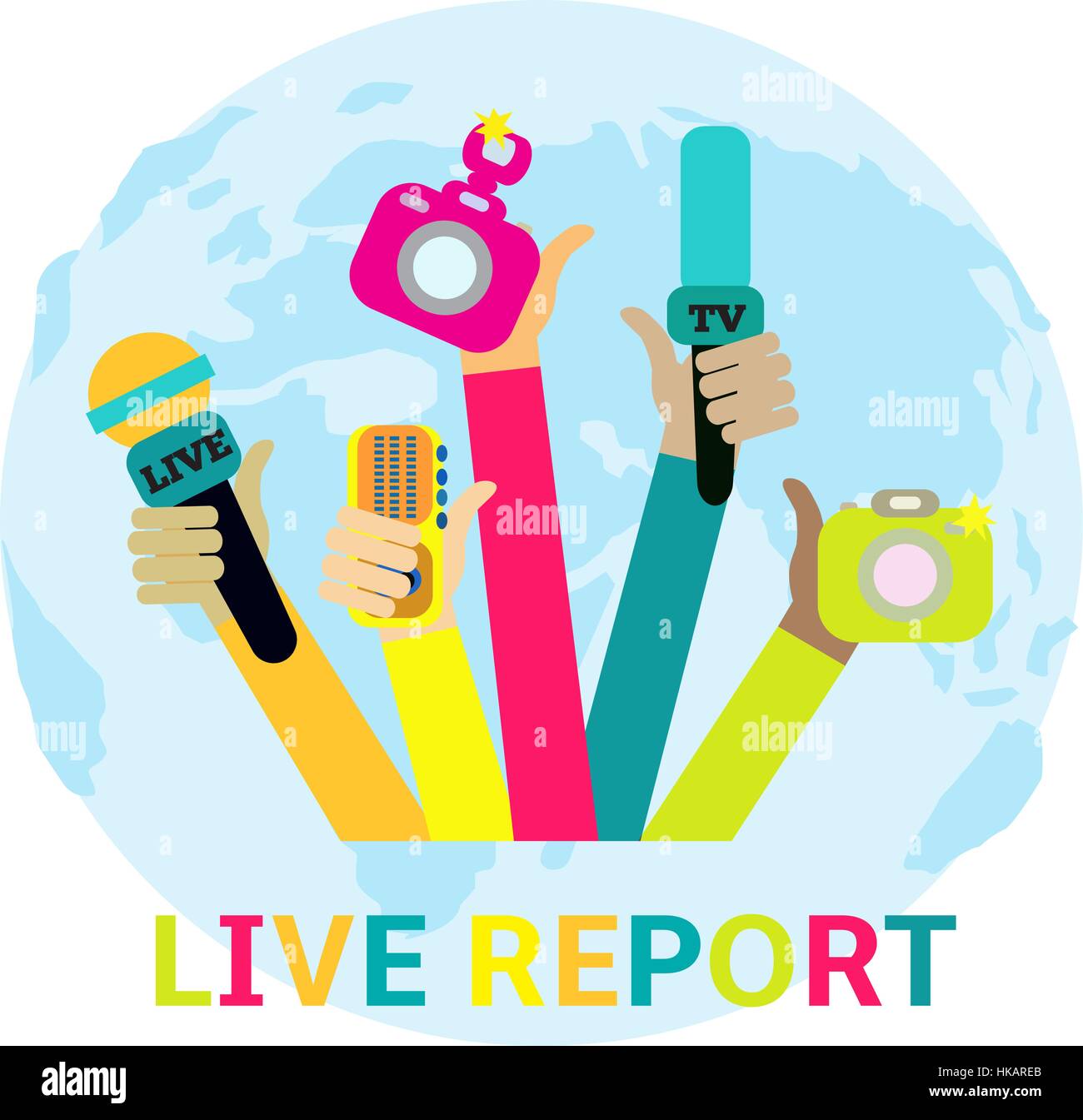 Live report concept, live news - set of hands holding microphones and ...