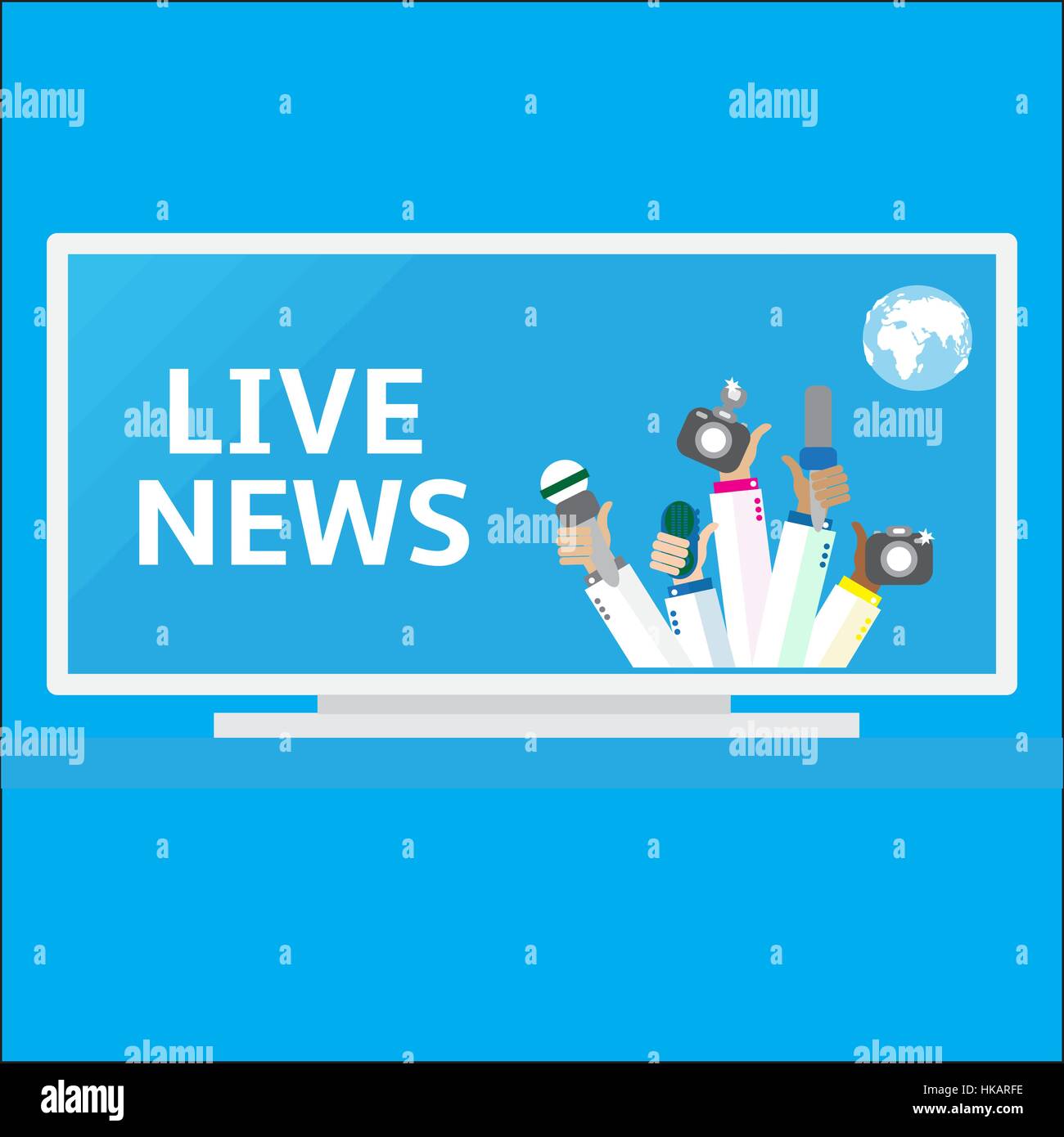 Live report concept, live news - set of hands holding microphones and ...