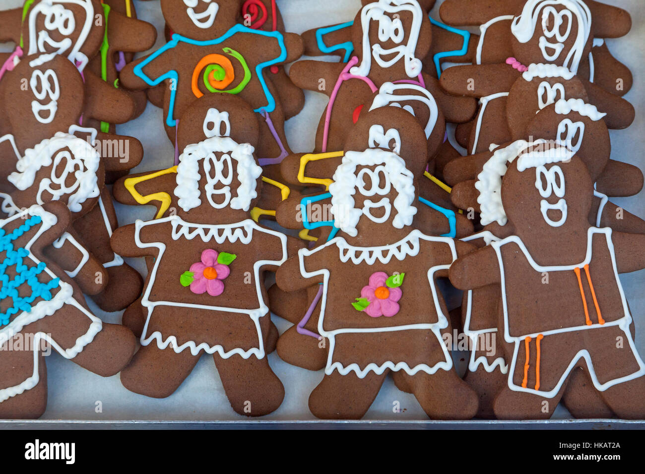 London, Southwark Rows of gingerbread men in a shop window at Borough ...