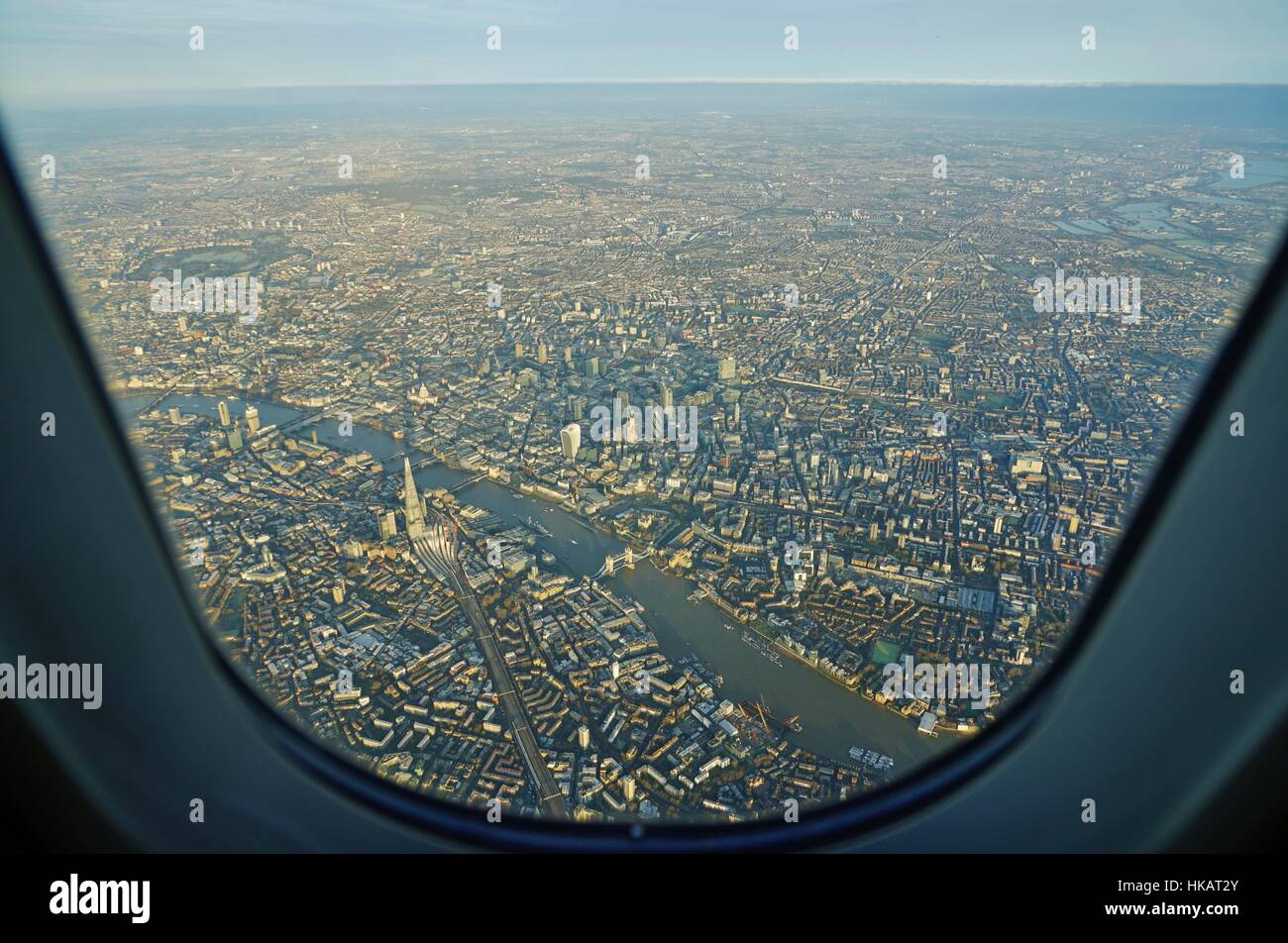 Aerial view of central London through an airplane window Stock Photo ...