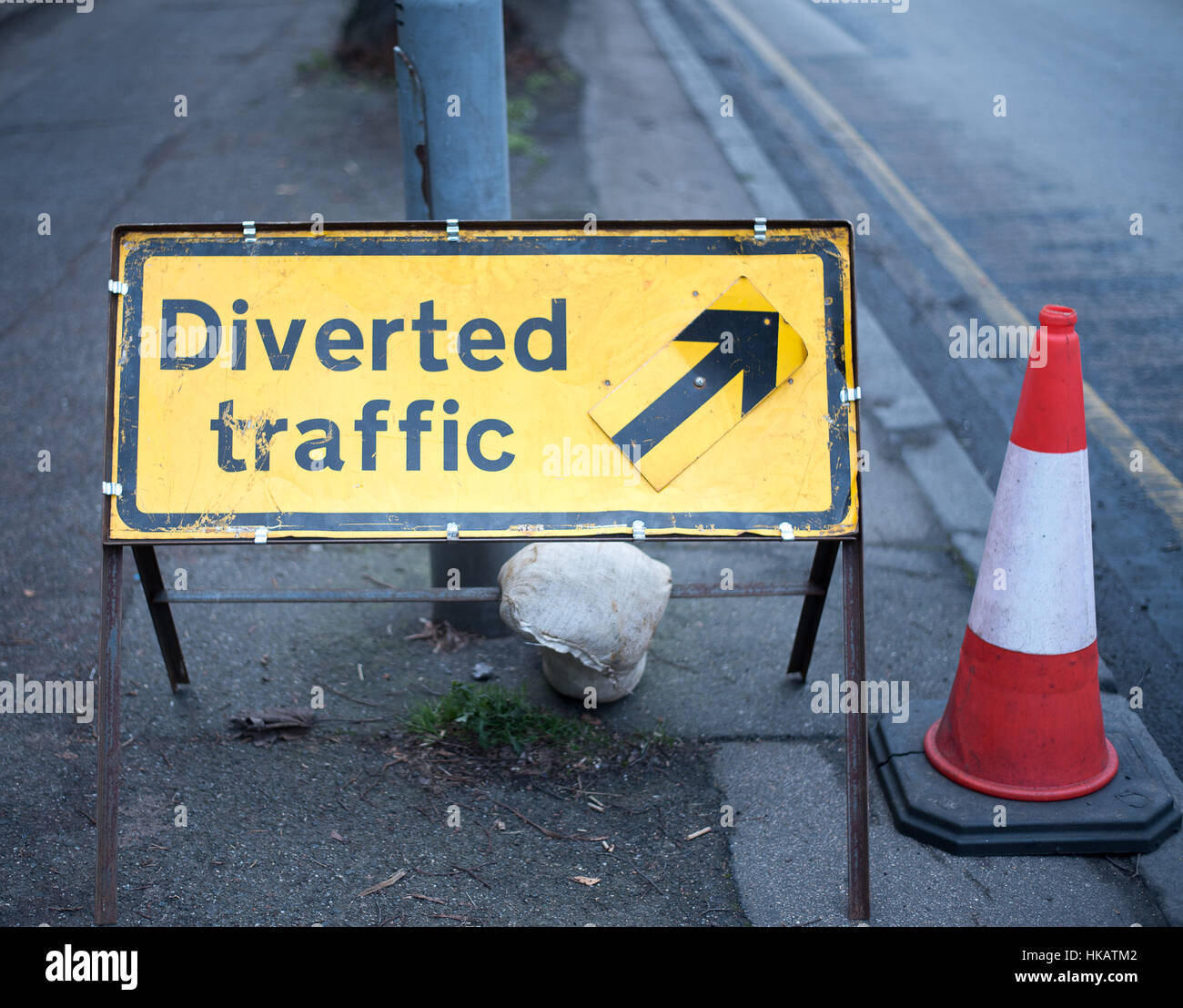 Diverted traffic sign, UK urban road sign Stock Photo - Alamy