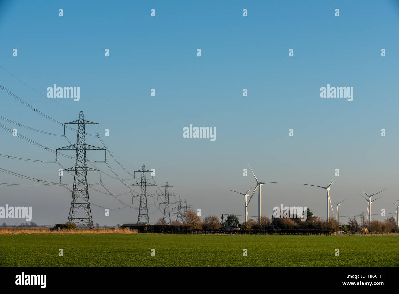 Electricity pylons at Romney Marsh on the Kent and Sussex border Stock ...