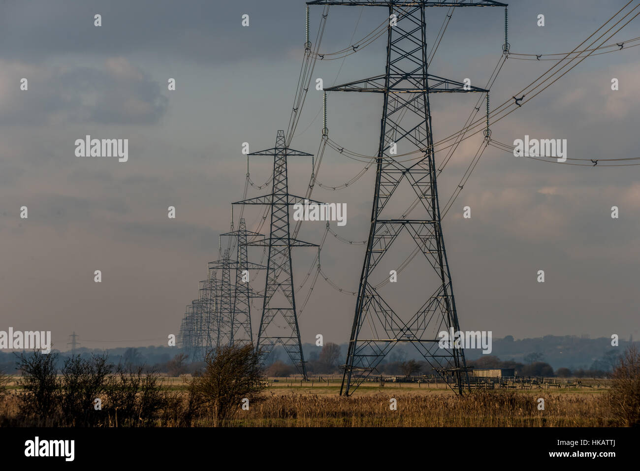 Electricity pylons at Romney Marsh on the Kent and Sussex border Stock ...