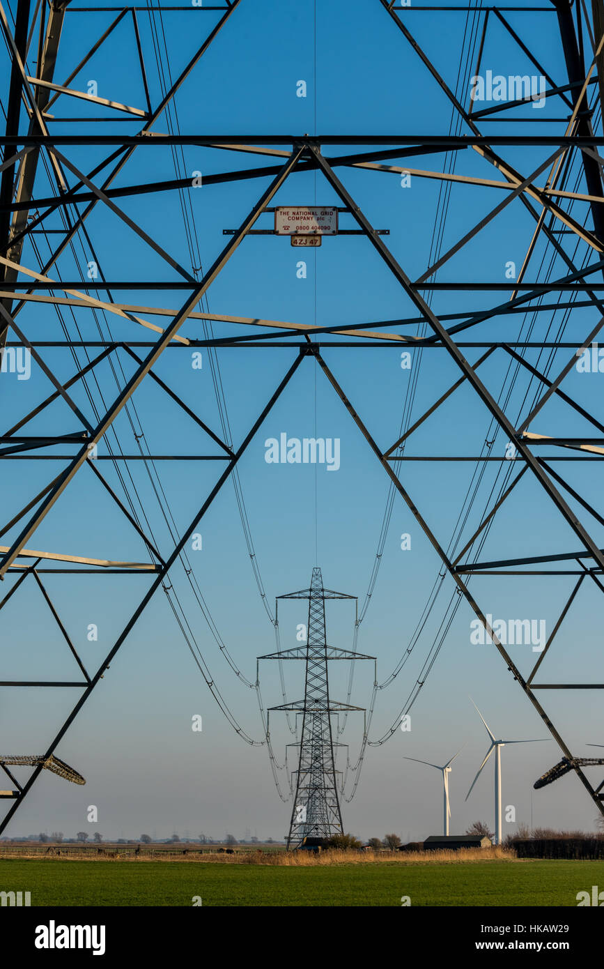 Electricity pylons at Romney Marsh on the Kent and Sussex border Stock ...