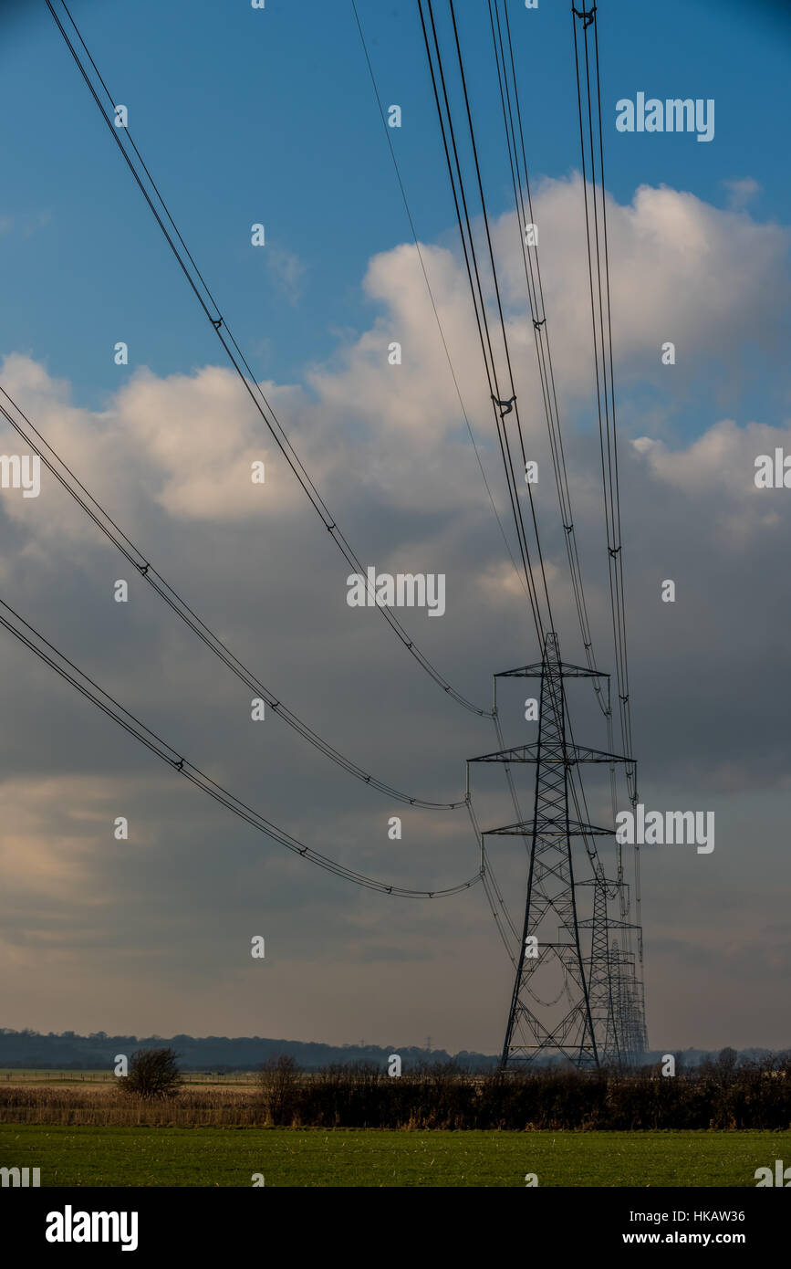 Electricity pylons at Romney Marsh on the Kent and Sussex border Stock ...