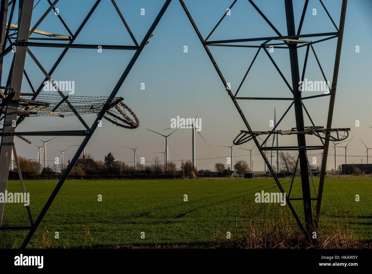 Electricity pylons at Romney Marsh on the Kent and Sussex border Stock ...