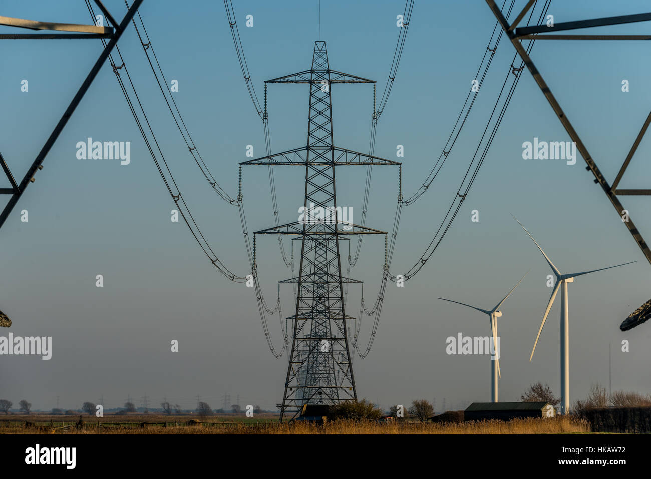 Electricity pylons at Romney Marsh on the Kent and Sussex border Stock ...