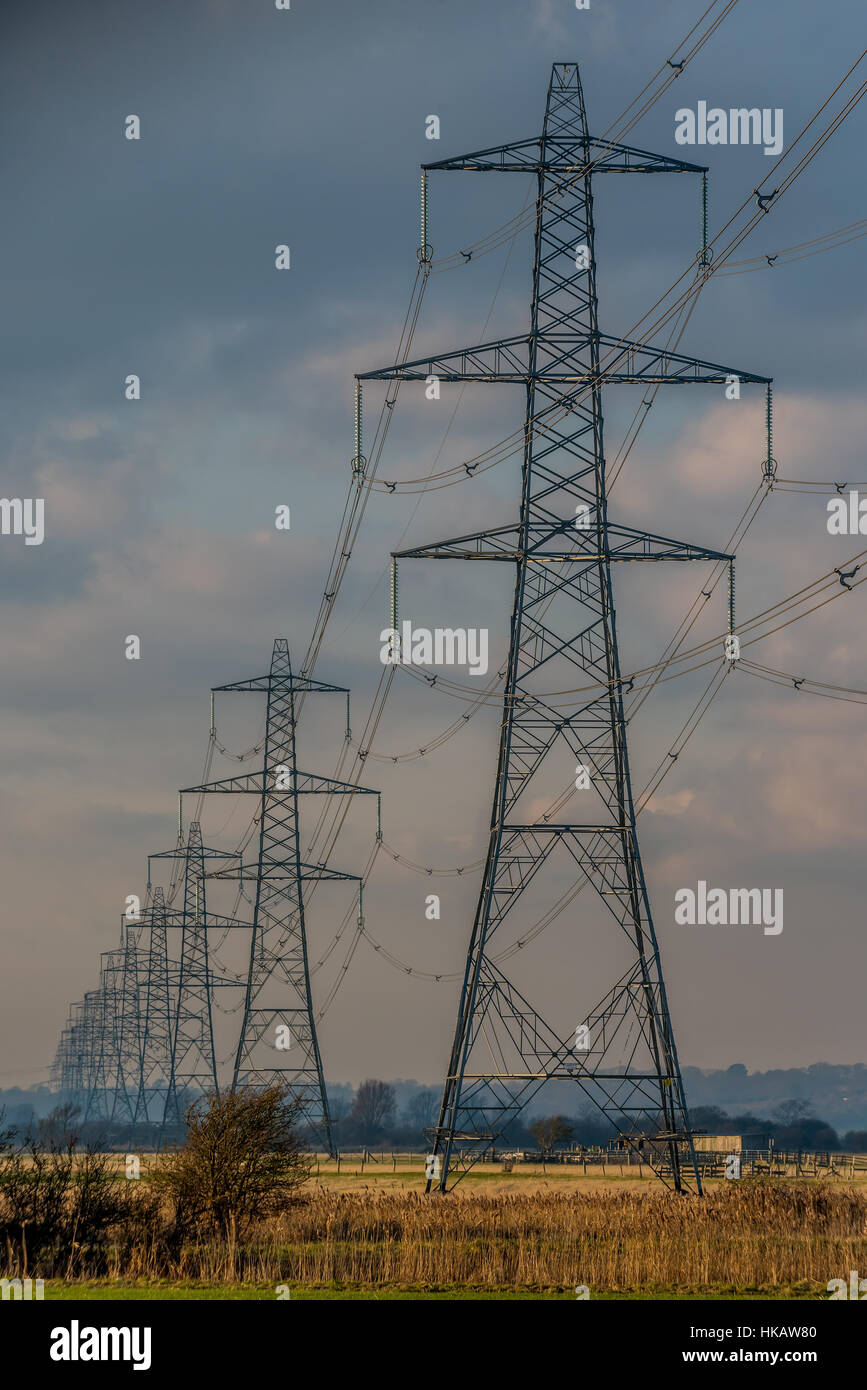 Electricity pylons at Romney Marsh on the Kent and Sussex border Stock ...
