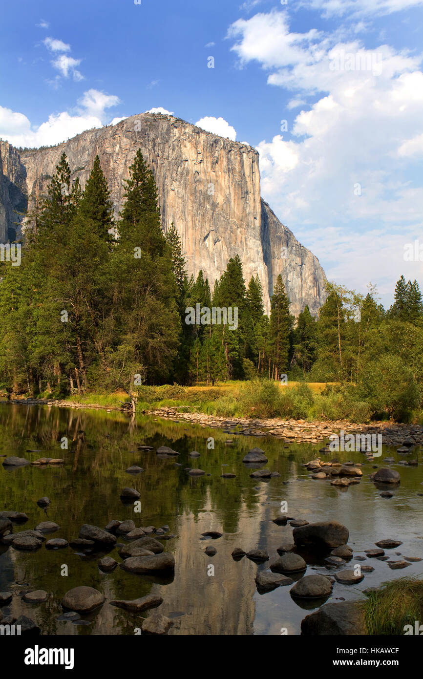 El Capitan viewed from across the Merced River in the valley floor of ...