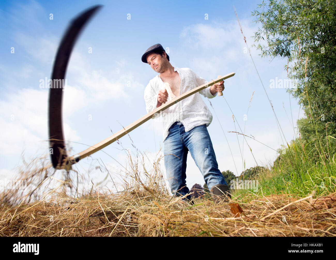 A man scything his field UK Stock Photo - Alamy