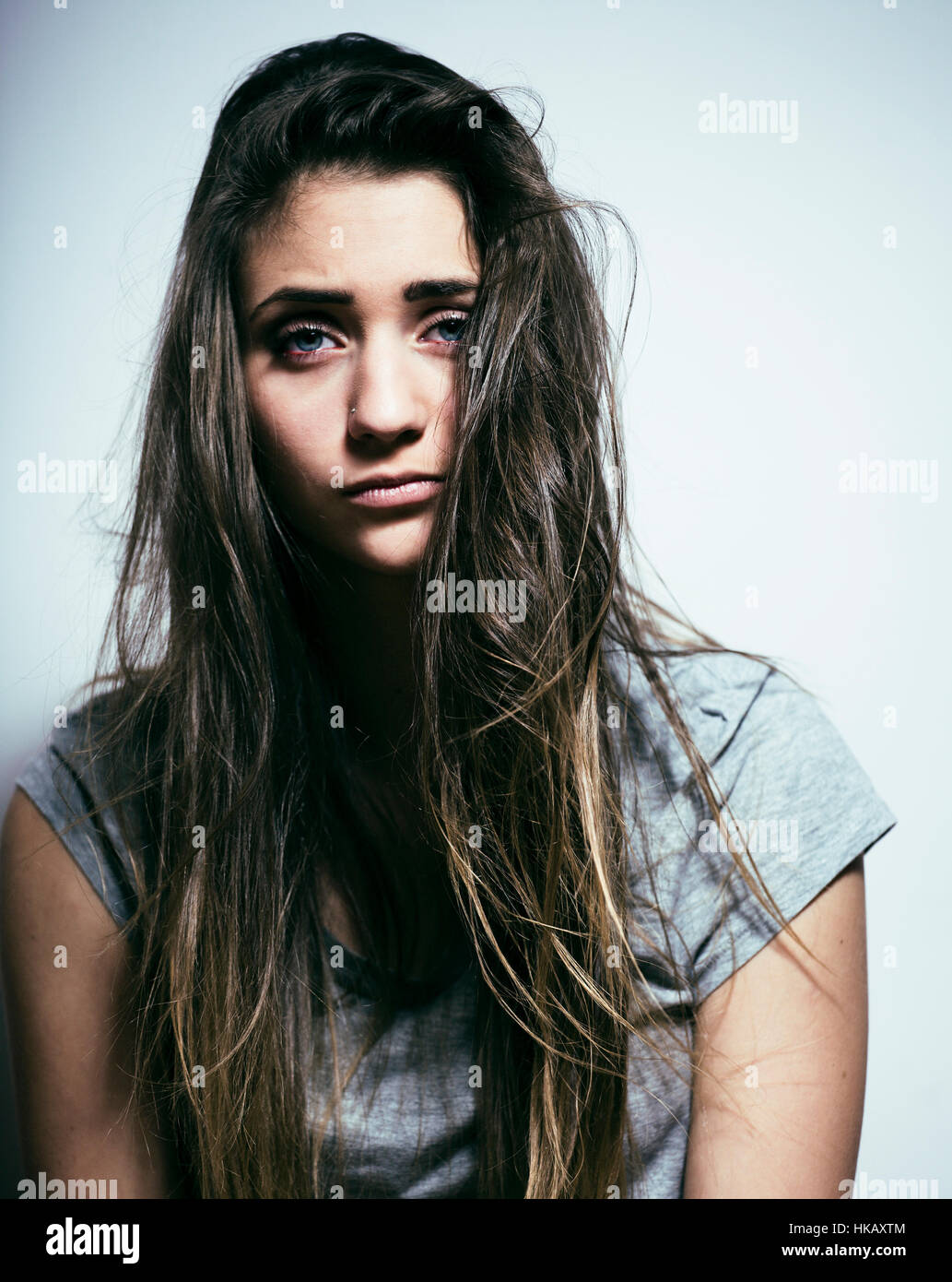 problem depressioned teenage with messed hair and sad face, real Stock ...