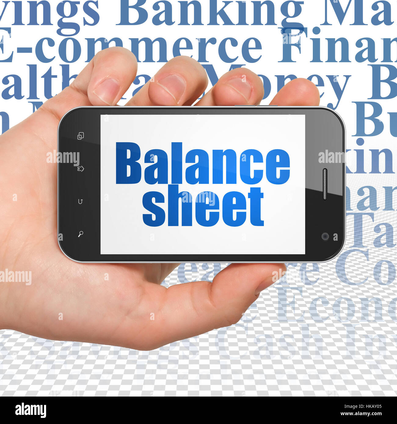 Currency concept: Hand Holding Smartphone with Balance Sheet on display ...