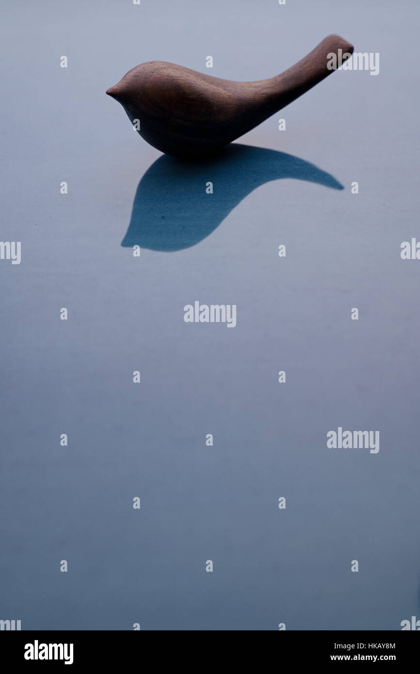 Study of a wood bird on reflective gradient surface. Selective focus ...