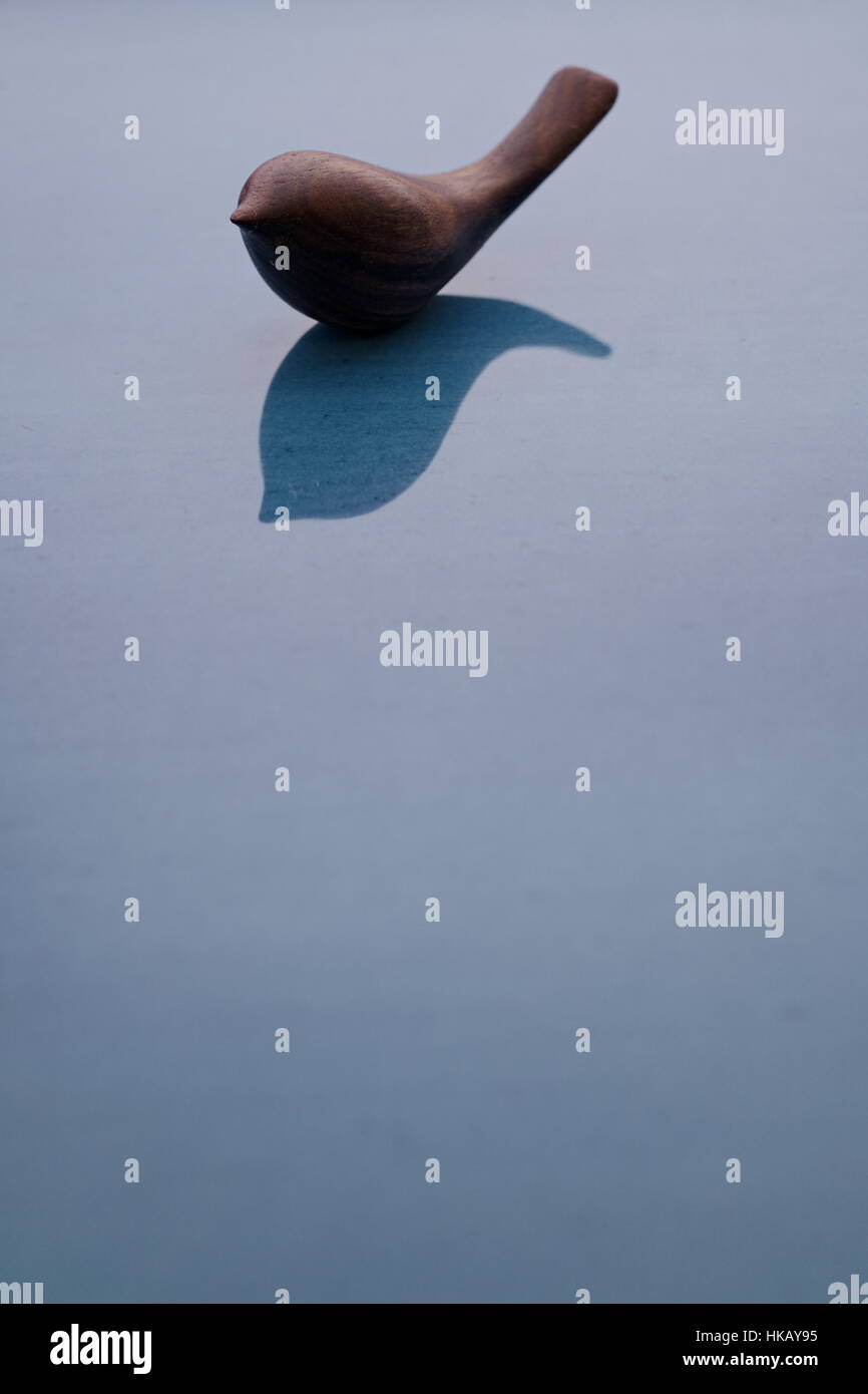 Study of a wood bird on reflective gradient surface. Selective focus ...