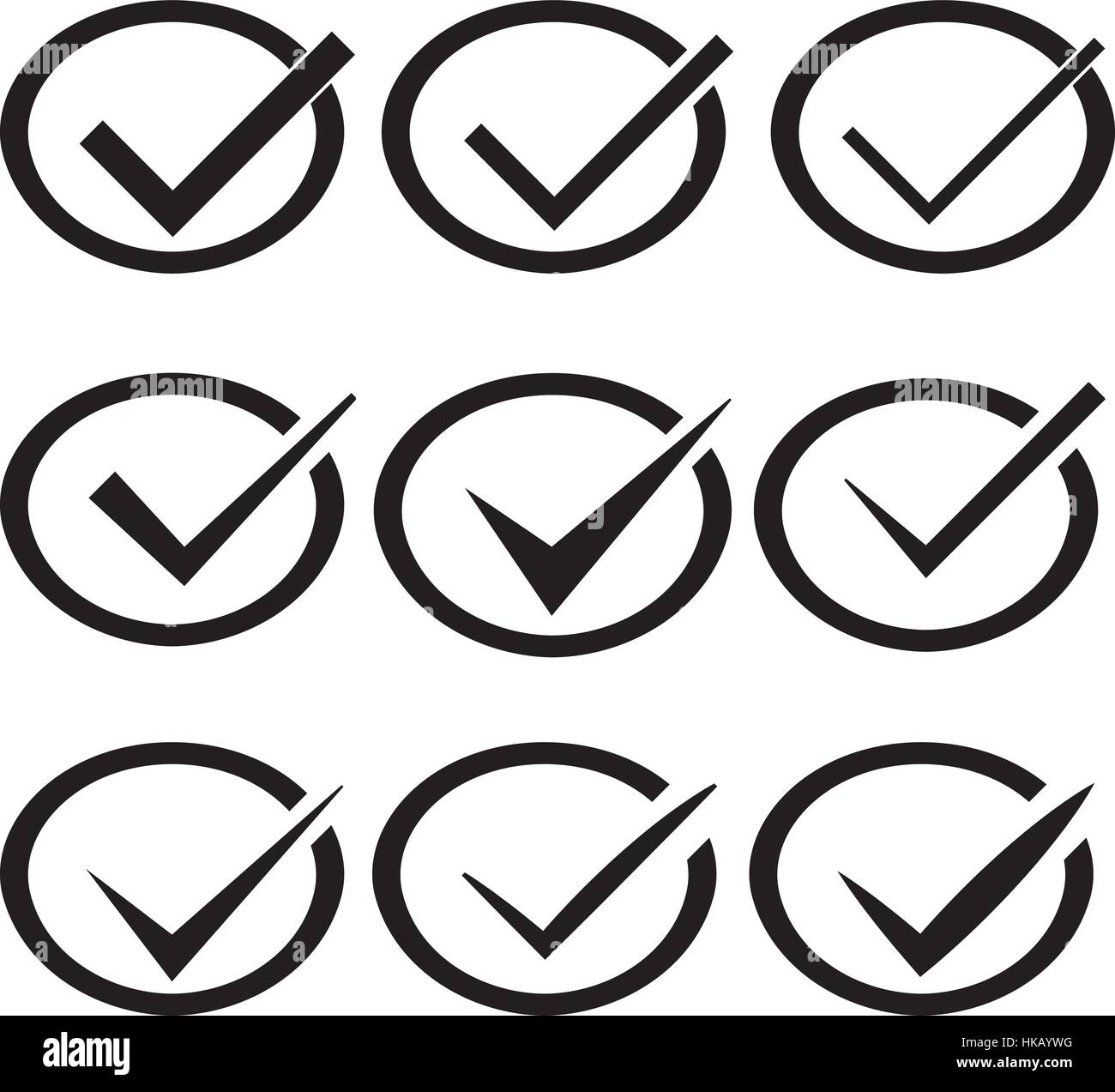 Set of nine different vector check marks or ticks in circles conceptual ...