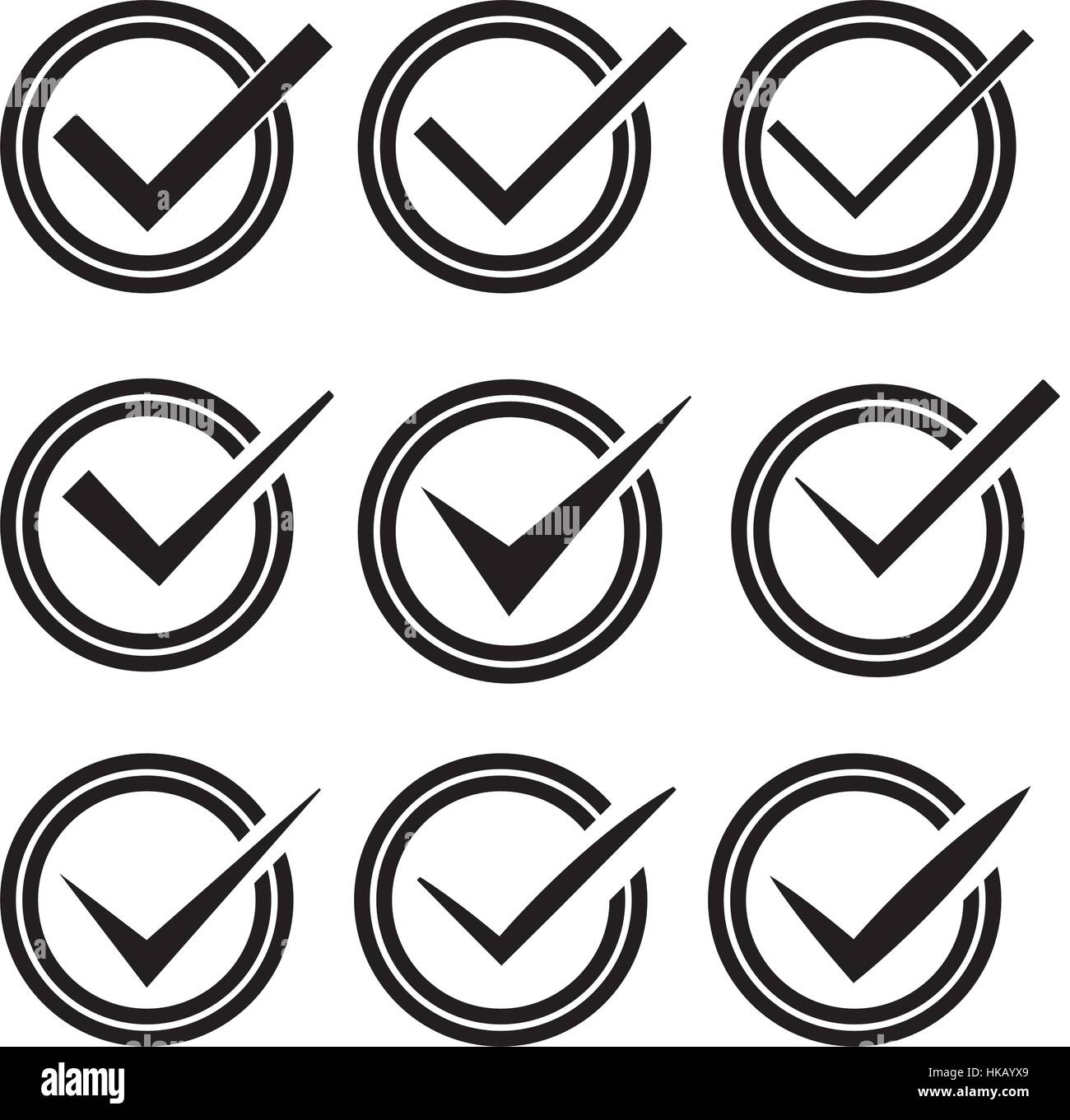 Set of nine different vector check marks or ticks in circles conceptual ...