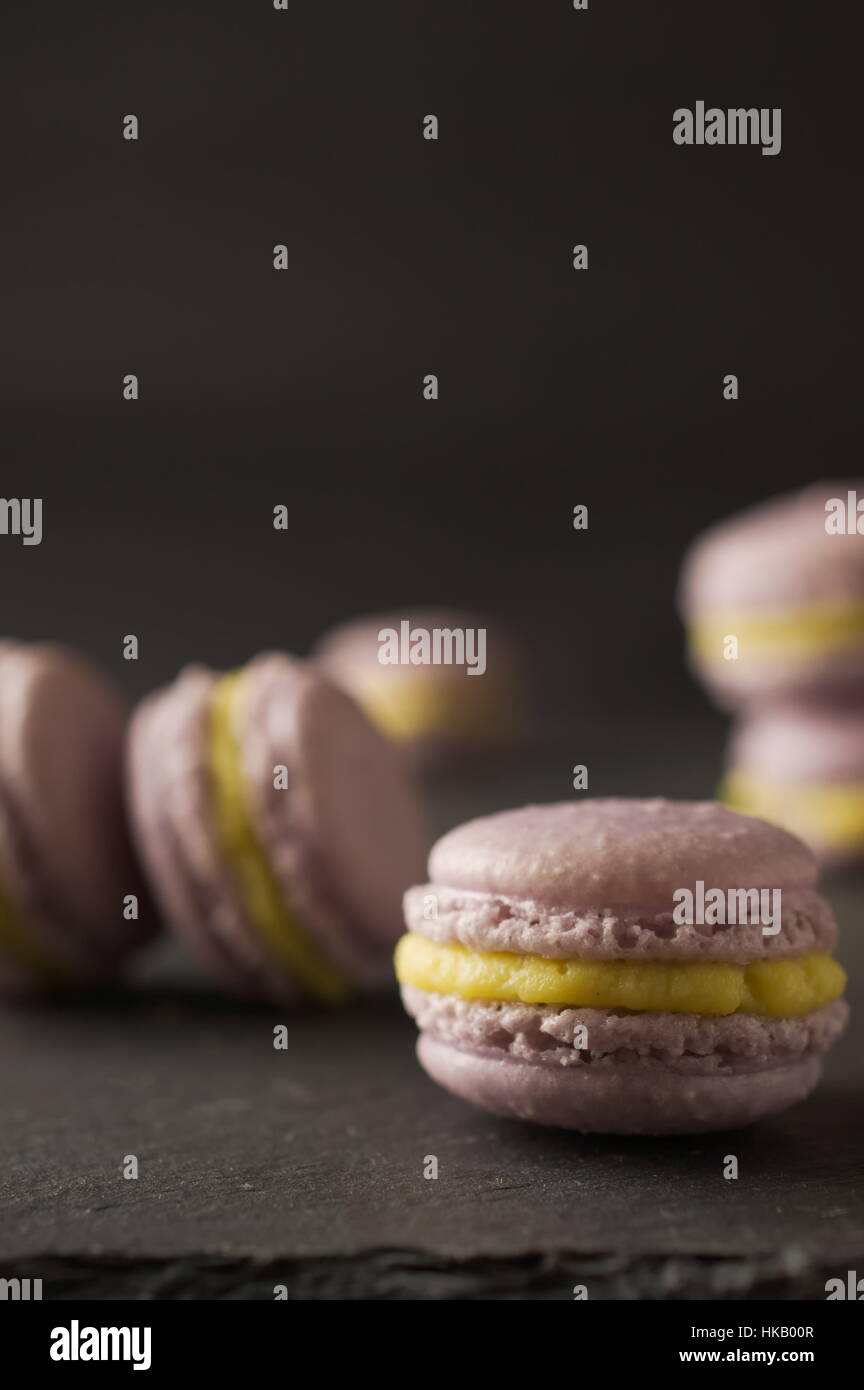 Delicious homemade lavender macaroons with vanilla cream on dark slate. Selective focus on front ...