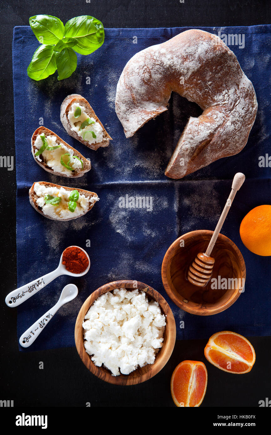 ricotta and honey. morning table. italian breakfast . bread with rye ...