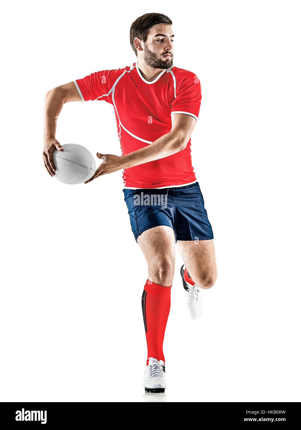 one caucasian rugby player man studio isolated on white background ...