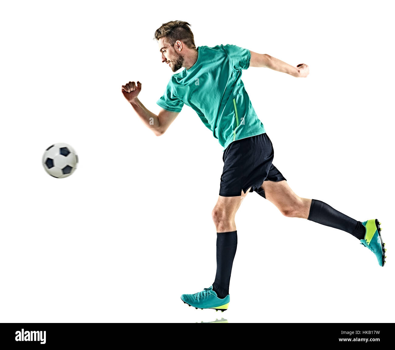 one caucasian soccer player man running isolated on white background ...