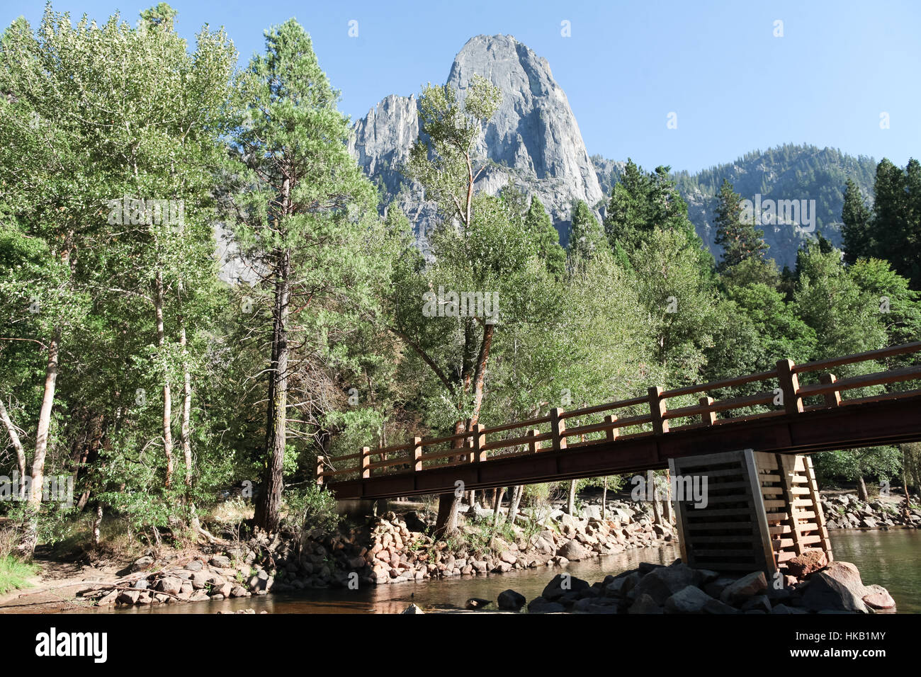 Foot bridge across the Merced River, California, Yosemite National Park, Taken 09.13 Stock Photo ...
