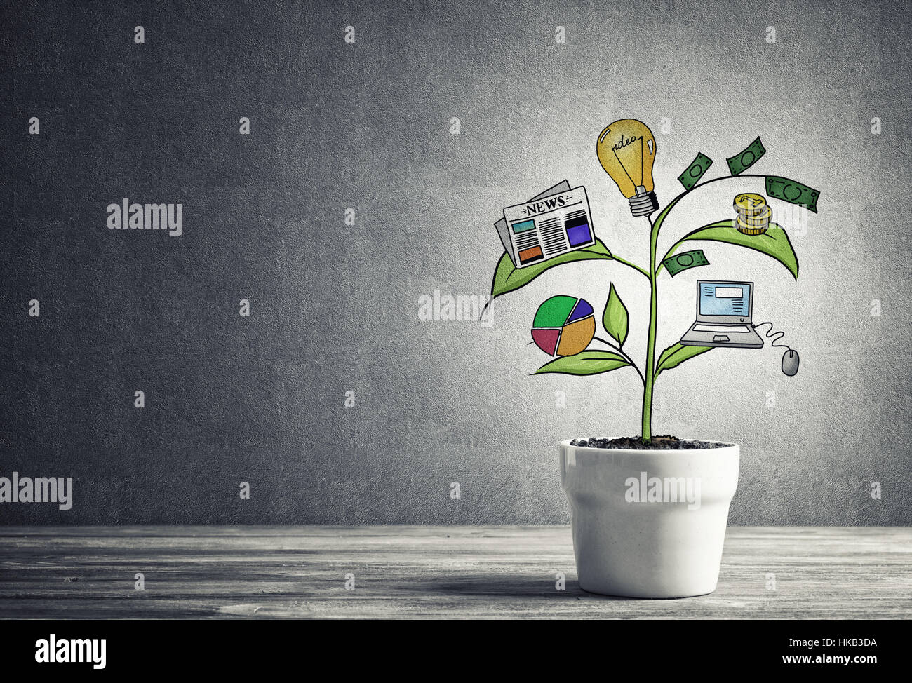 Drawn income tree in white pot for business investment savings and ...