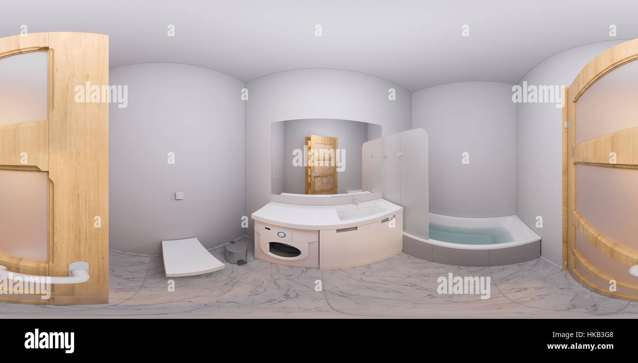 3d illustration spherical 360 degrees, seamless panorama of bathroom ...