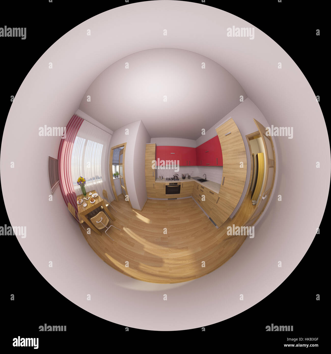 3d illustration spherical 360 degrees, seamless panorama of kitchen ...