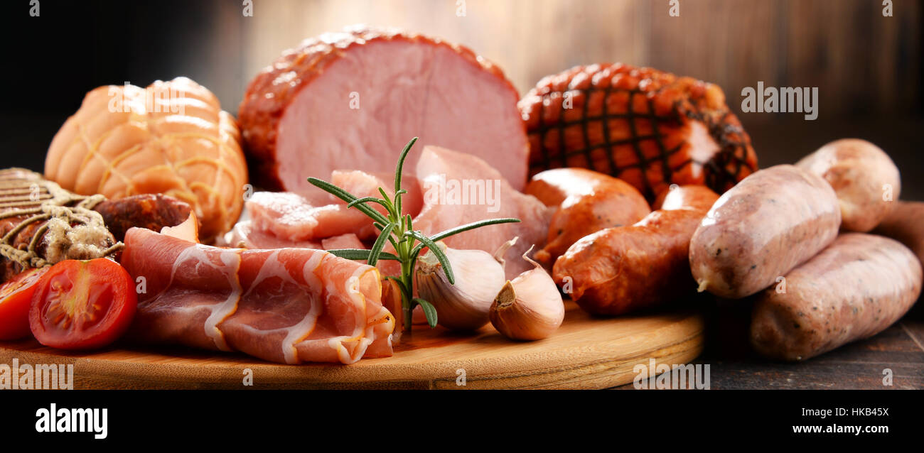 Assorted meat products including ham and sausages Stock Photo - Alamy