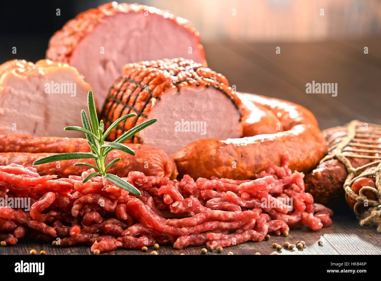 Assorted meat products including ham and sausages Stock Photo - Alamy