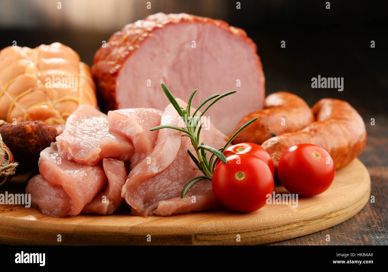 Assorted meat products including ham and sausages Stock Photo - Alamy