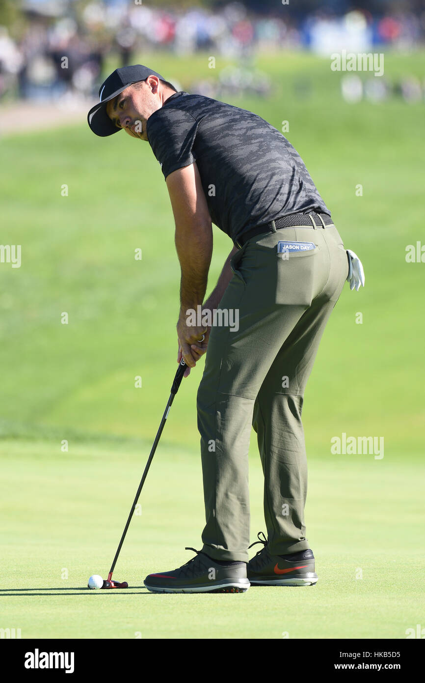 San Diego, California. 26th Jan, 2017. Jason Day putting on the first ...