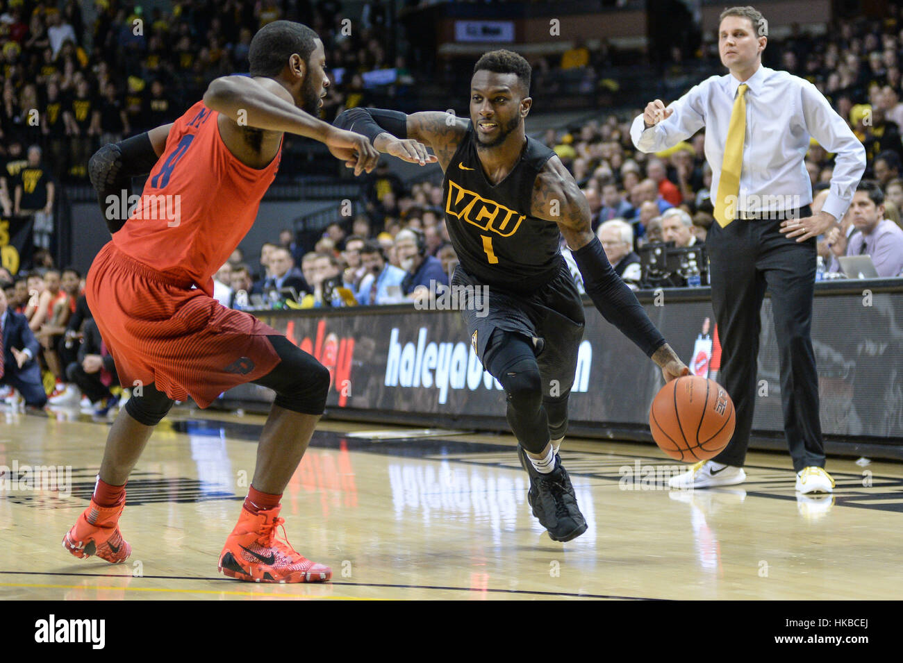 Richmond, USA. 27th Jan, 2017. Jequan Lewis (1) dribbles around the ...