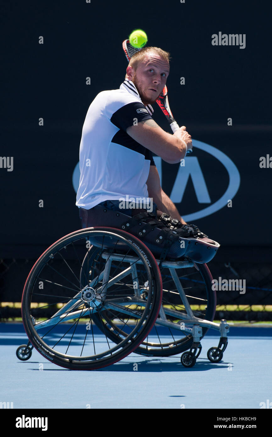 Melbourne, Australia. 28th Jan, 2017. Nicolas Peifer of France returns ...