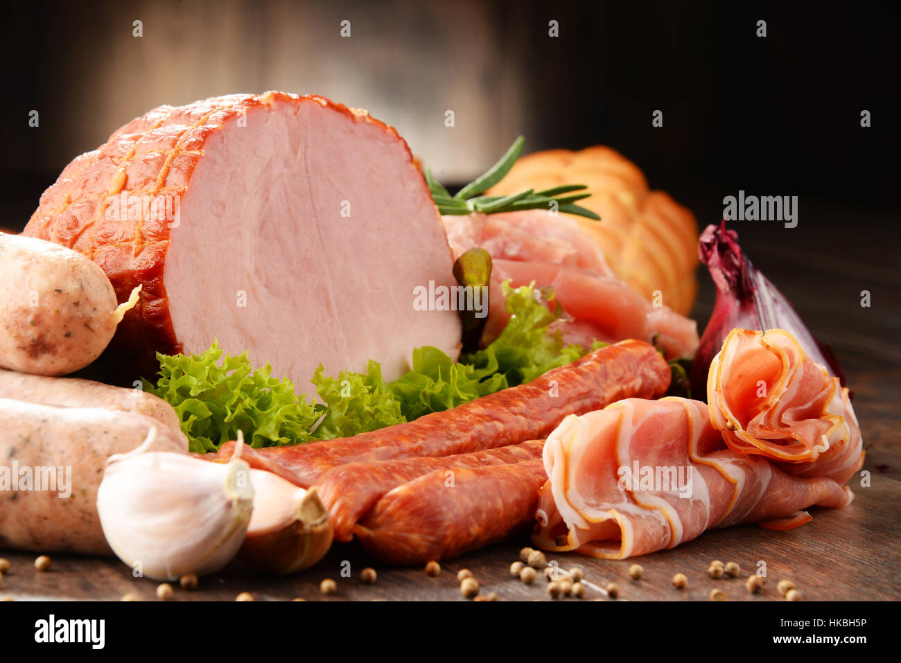 Assorted meat products including ham and sausages Stock Photo - Alamy
