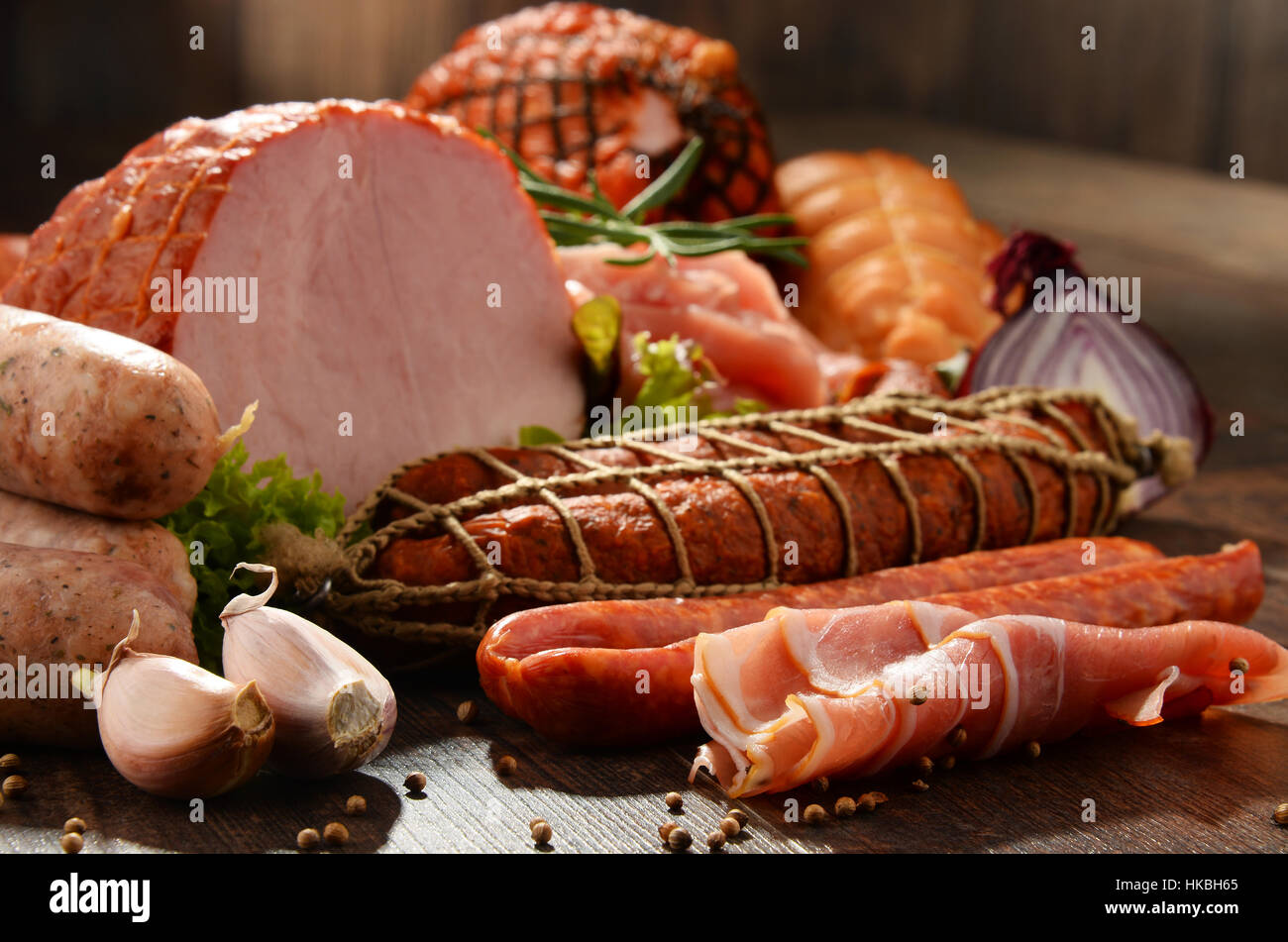 Assorted meat products including ham and sausages Stock Photo - Alamy
