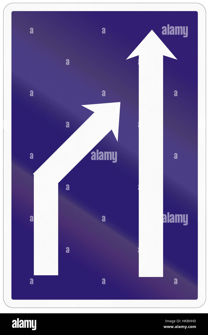 Road sign used in Slovakia - Reduction of lanes available Stock Photo ...