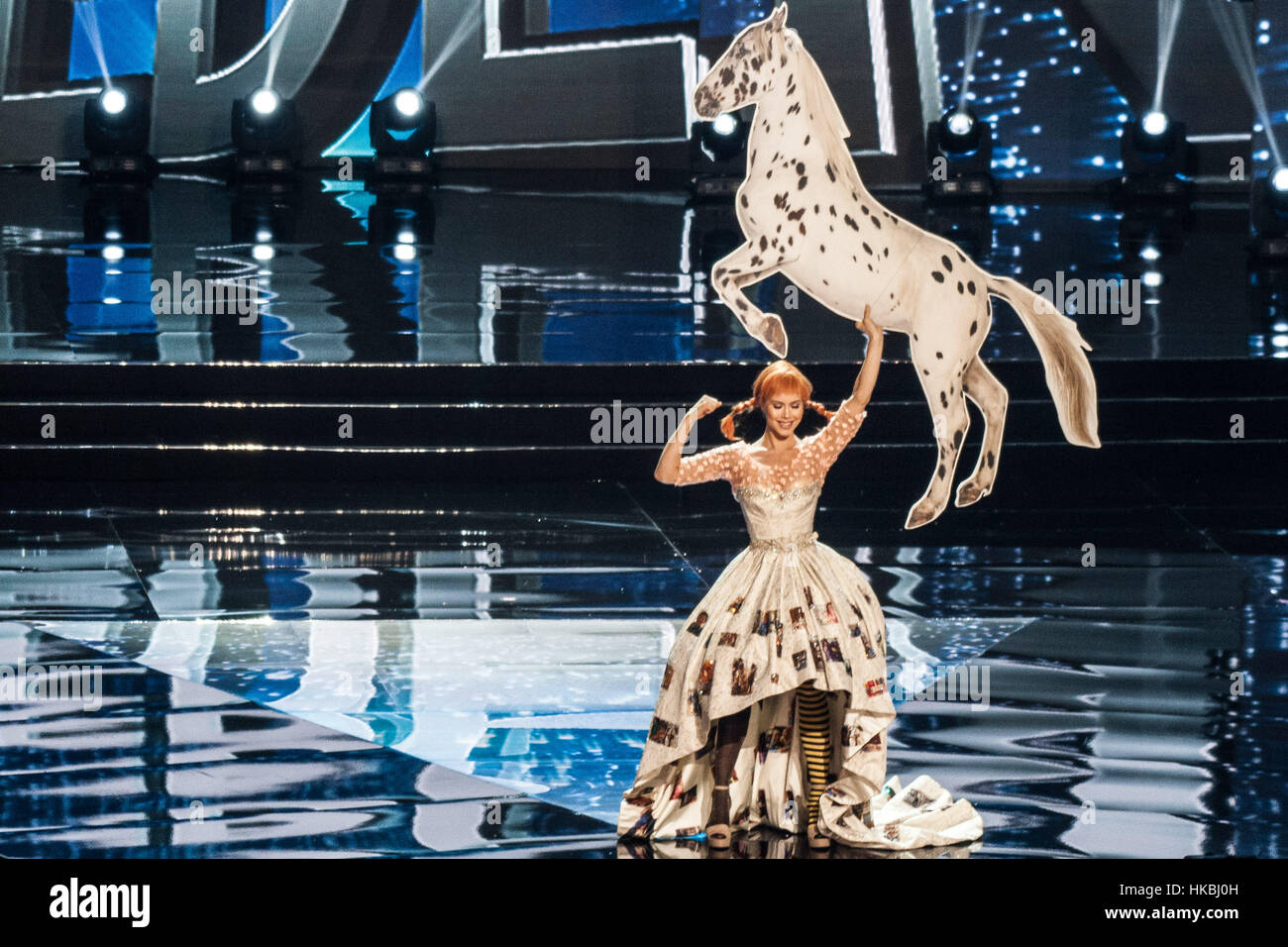 Pasay, Philippines. 26th Jan, 2017. Miss Sweden shows off her national ...