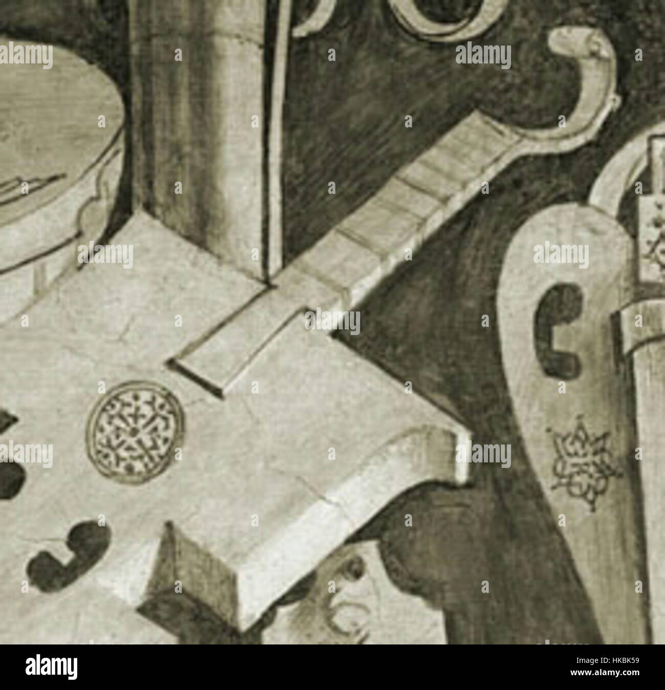 A painting depicting the neck of a Giorgiano, a stringed instrument ...